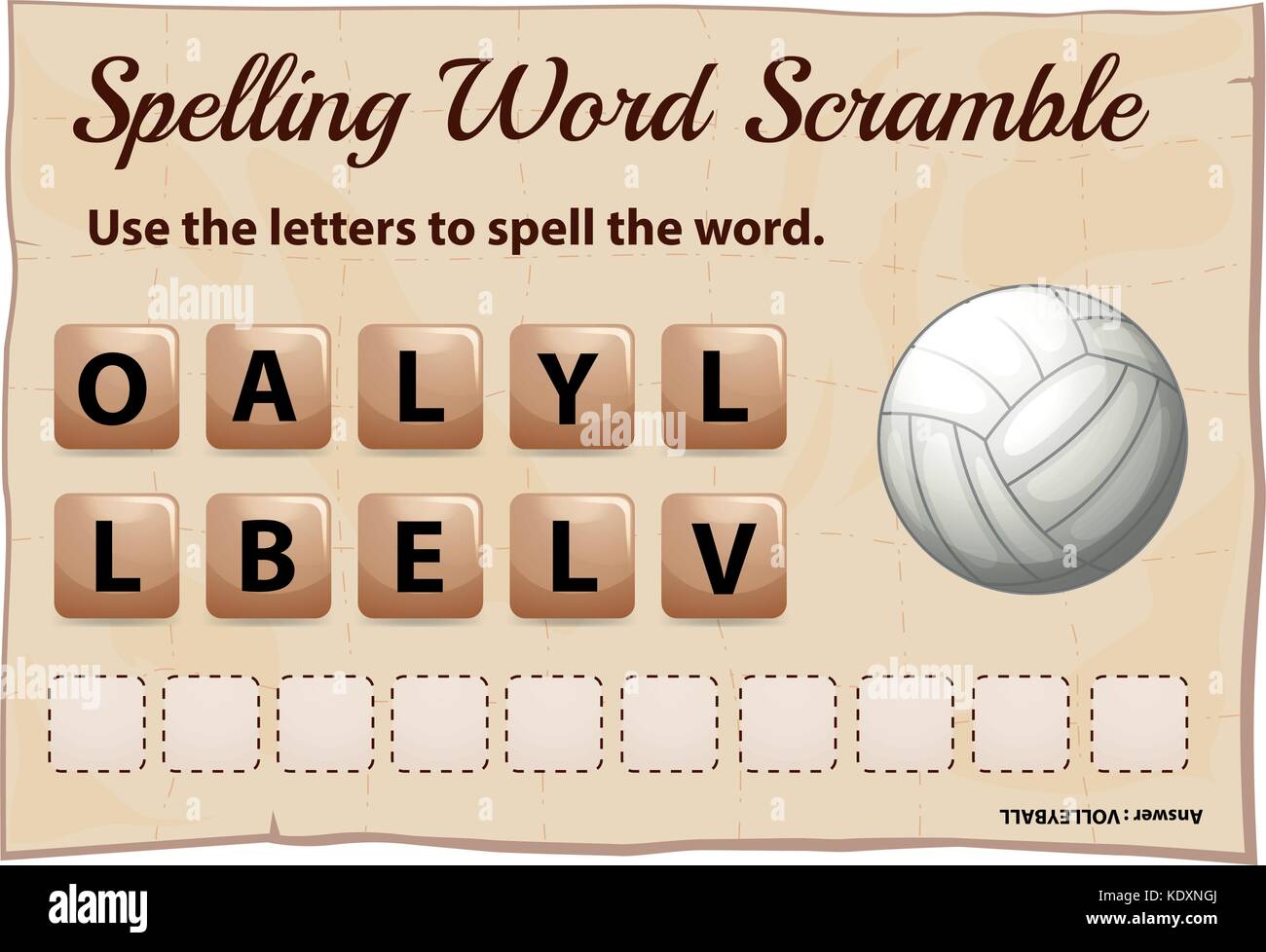 Spelling word scramble game template with word volleyball illustration ...