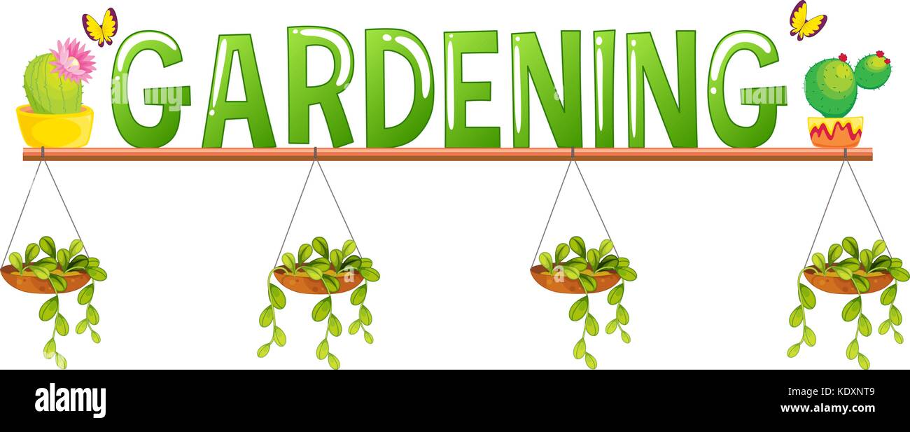 Font design for word gardening with flower pots illustration Stock ...
