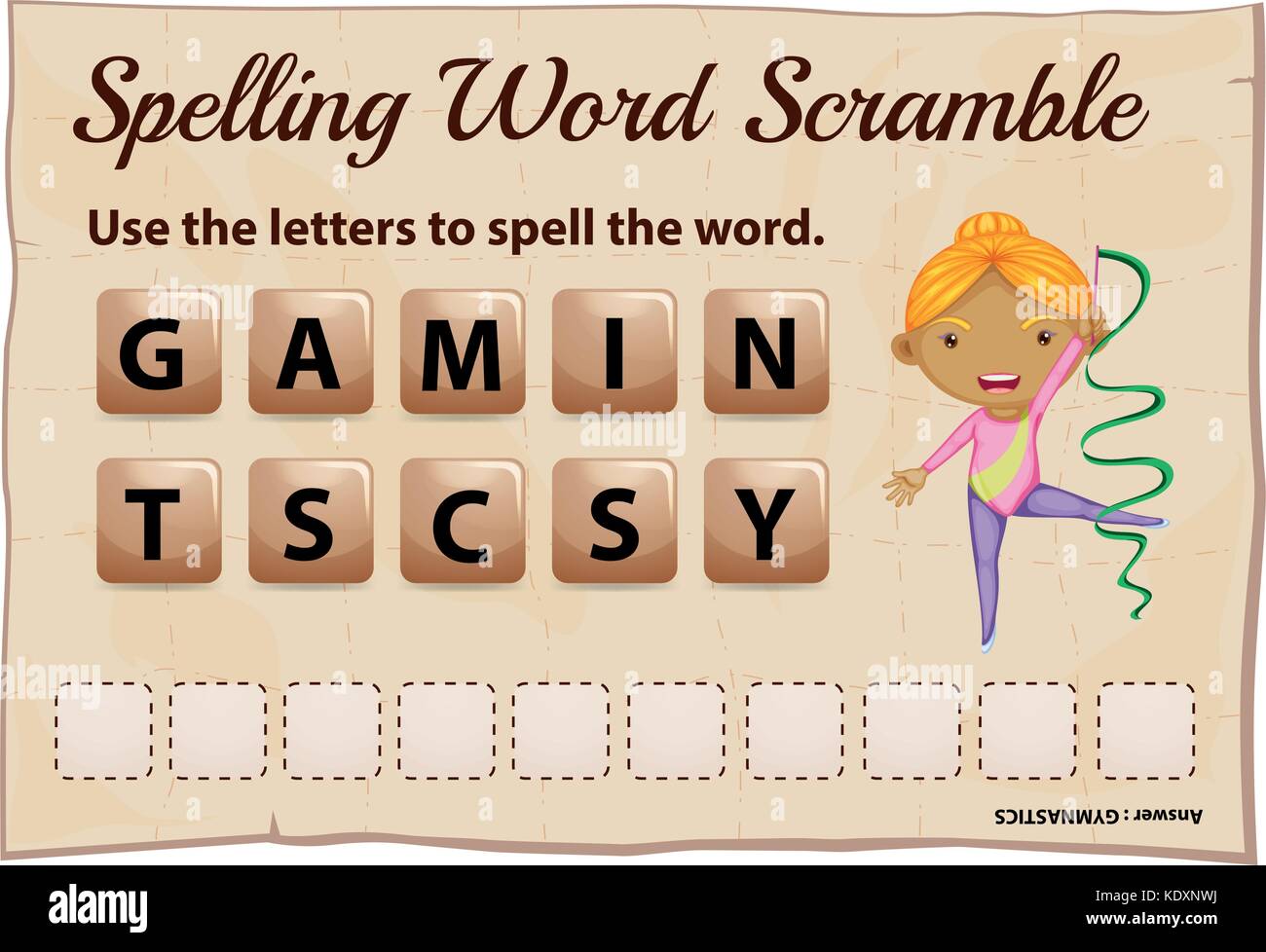 Spelling word scramble template with word gymnastics illustration Stock ...
