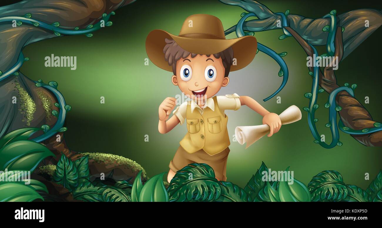 Little boy holding map in the woods illustration Stock Vector Image ...