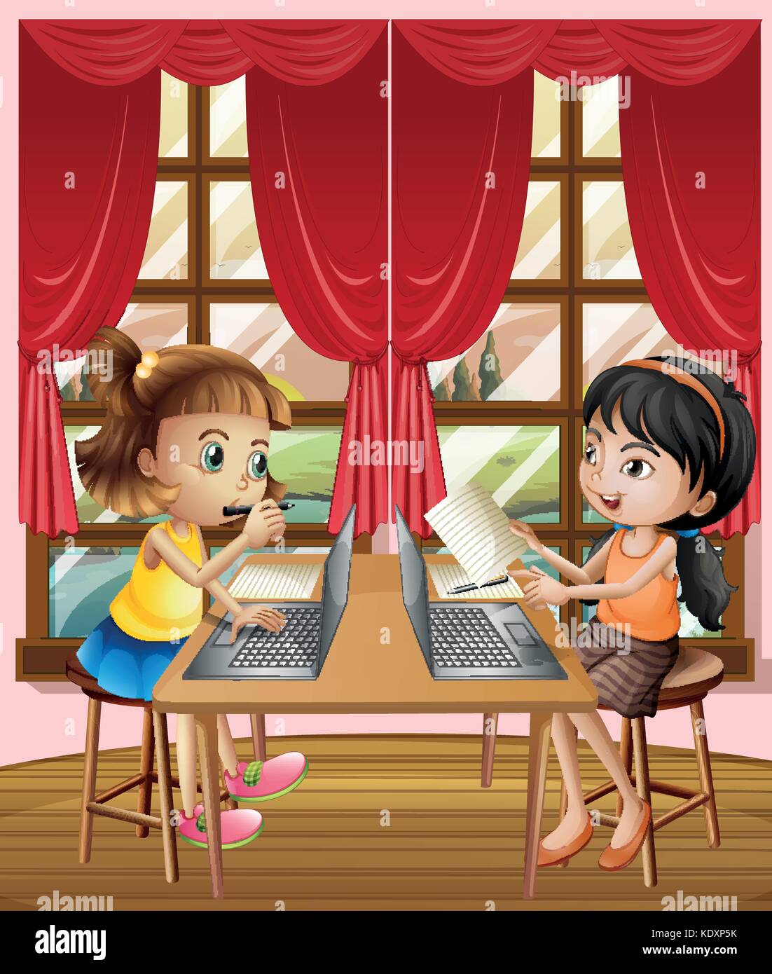 Two girls working on computer laptop illustration Stock Vector Image ...