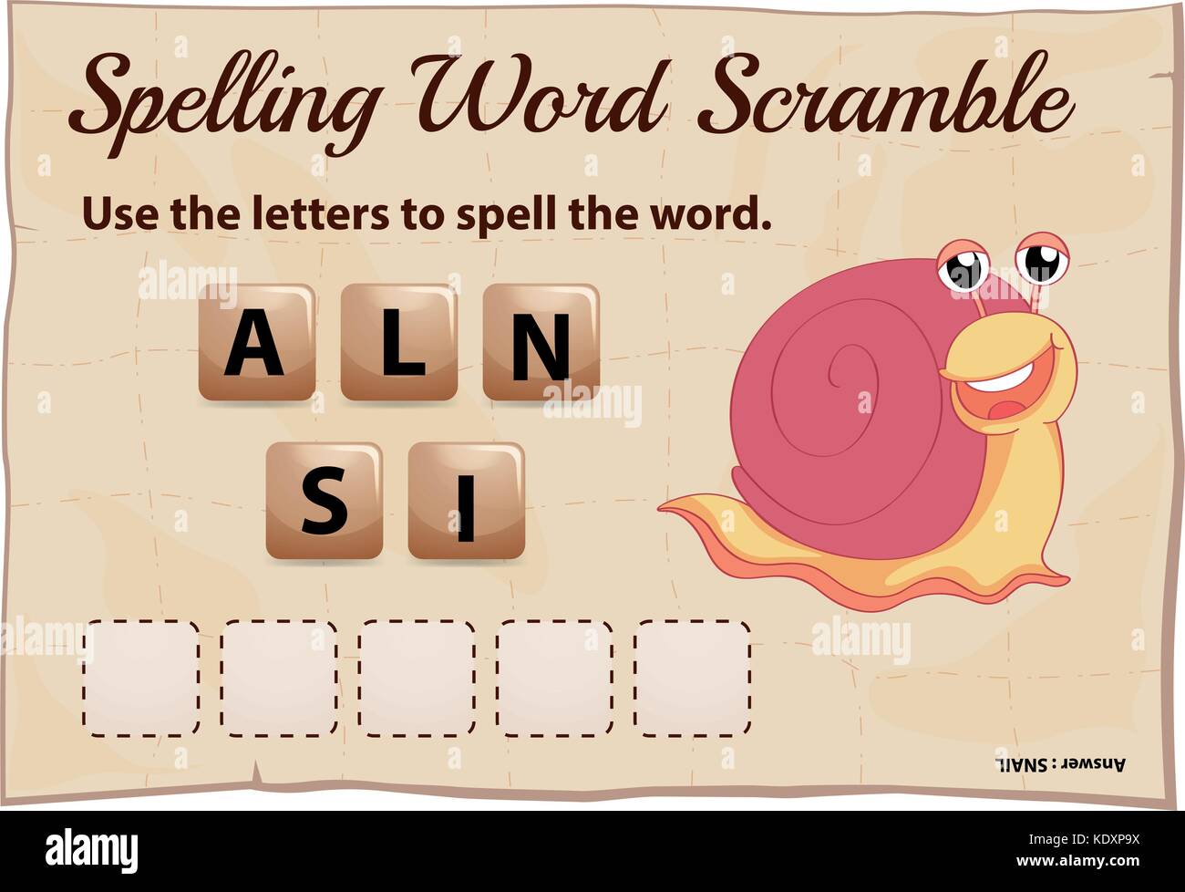 Spelling word scramble template with word snail illustration Stock ...
