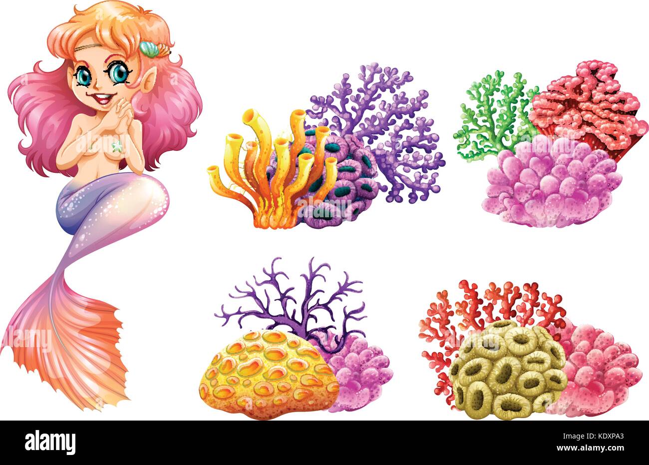Cute mermaid and colorful coral reef illustration Stock Vector Image ...