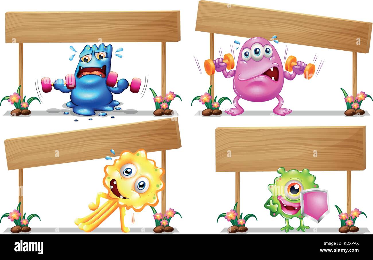 Four wooden sign template with monsters illustration Stock Vector Image ...