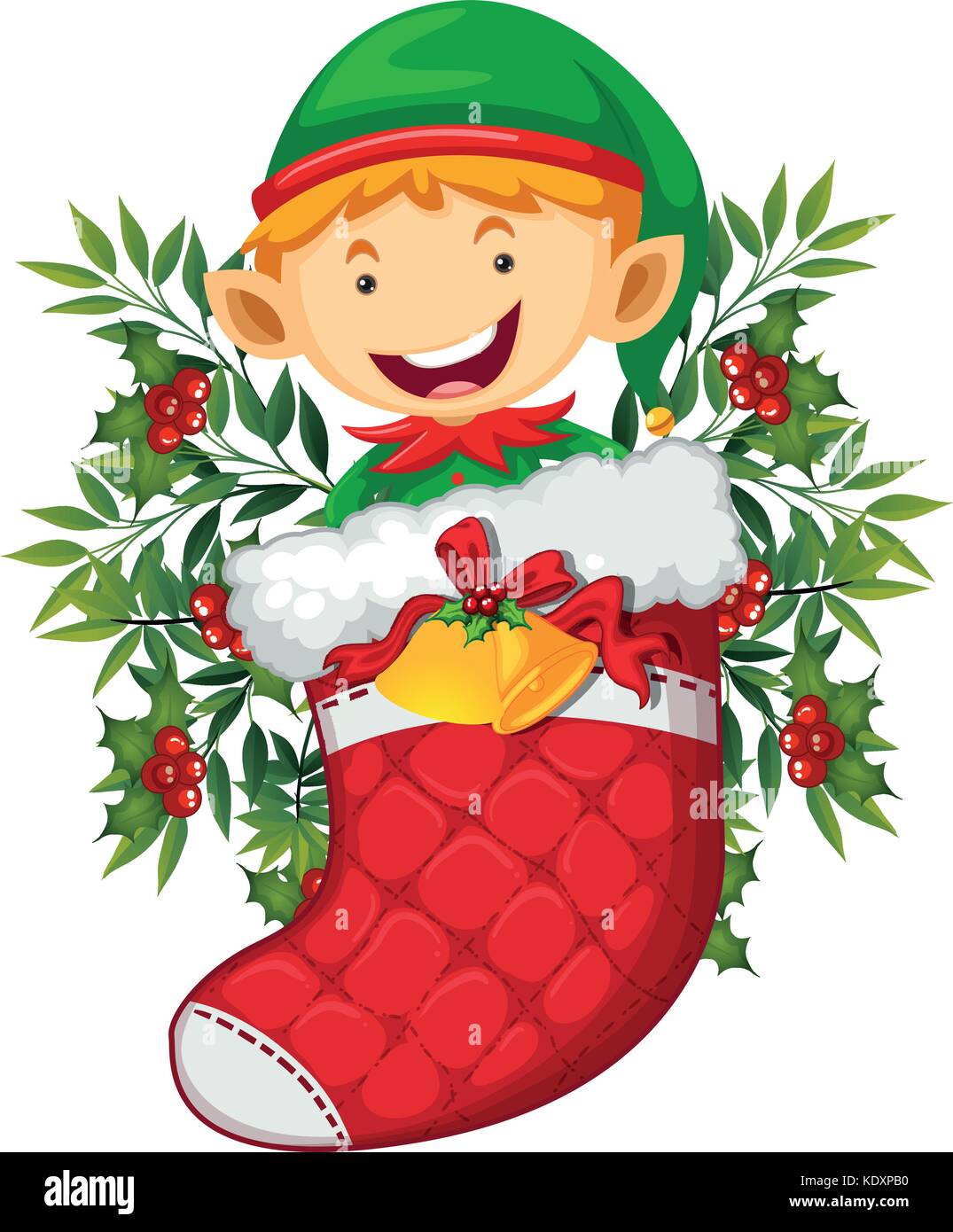 Christmas theme with elf in red sock illustration Stock Vector Image ...