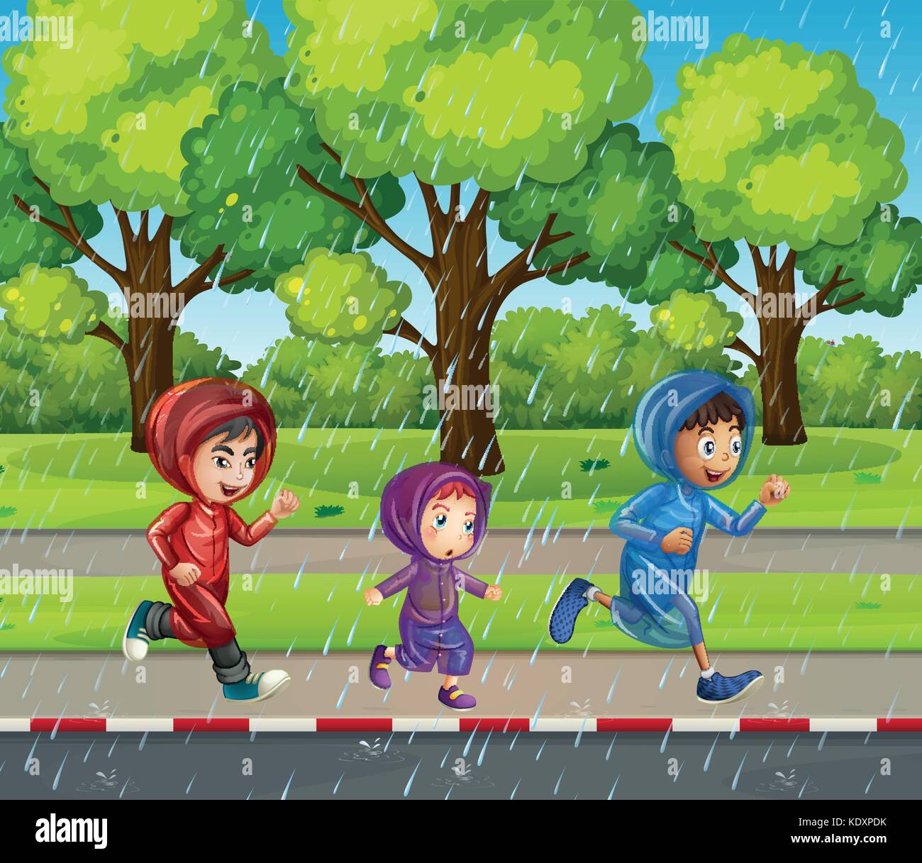 Three kids running in the rain illustration Stock Vector Image & Art ...