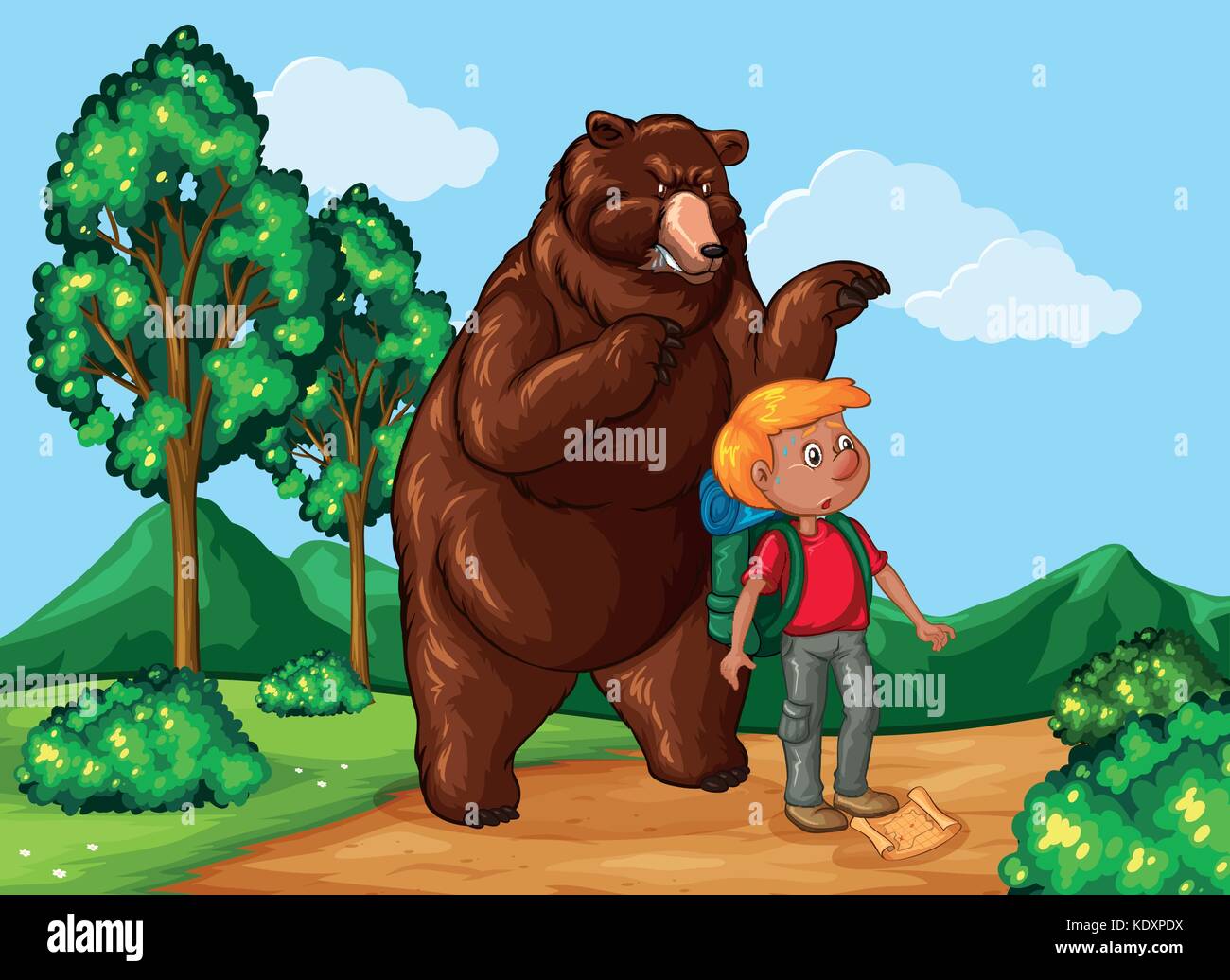 Hiker and grizzly bear in the park illustration Stock Vector Image ...