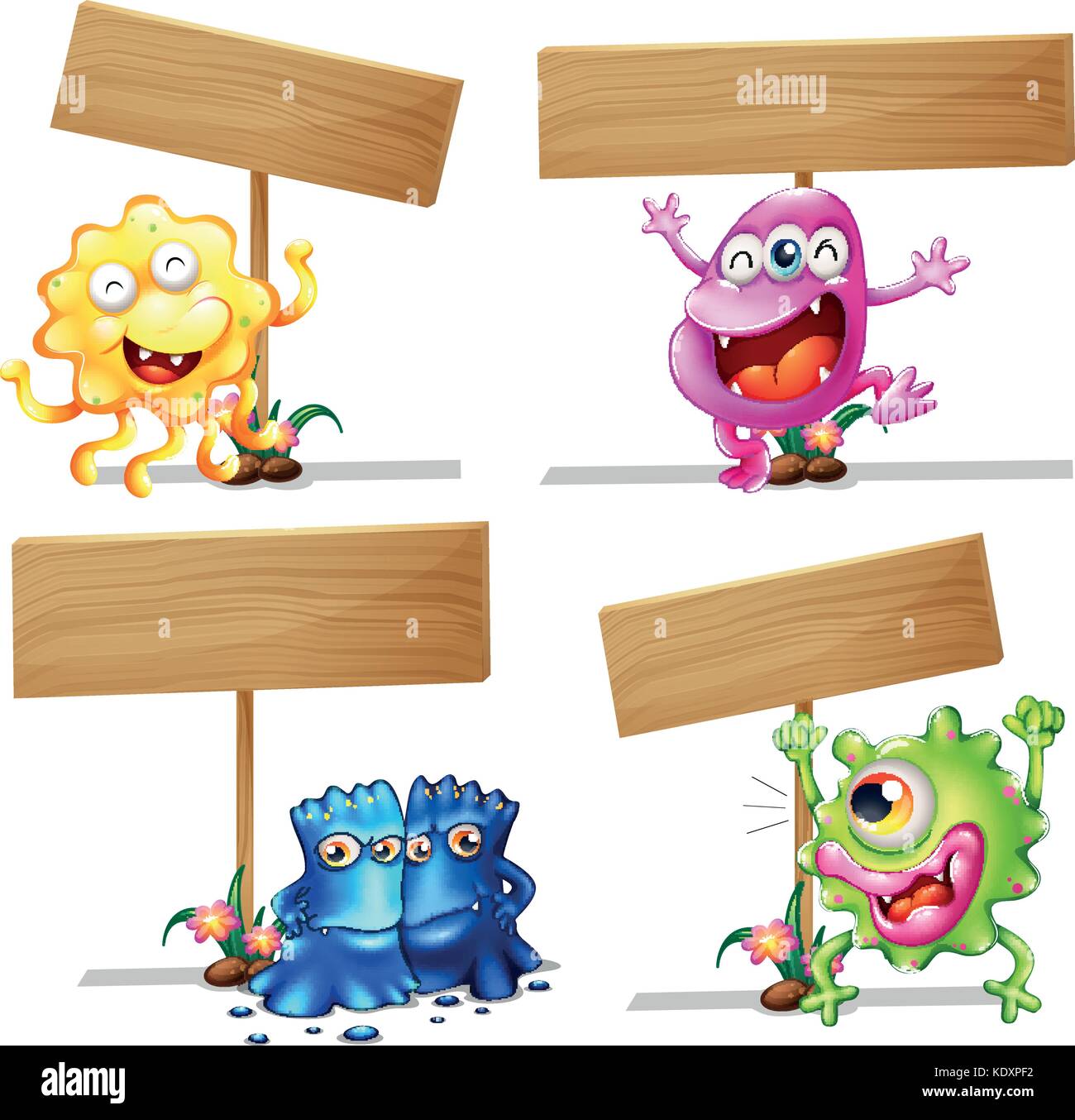 Wooden sign template with cute creatures illustration Stock Vector ...