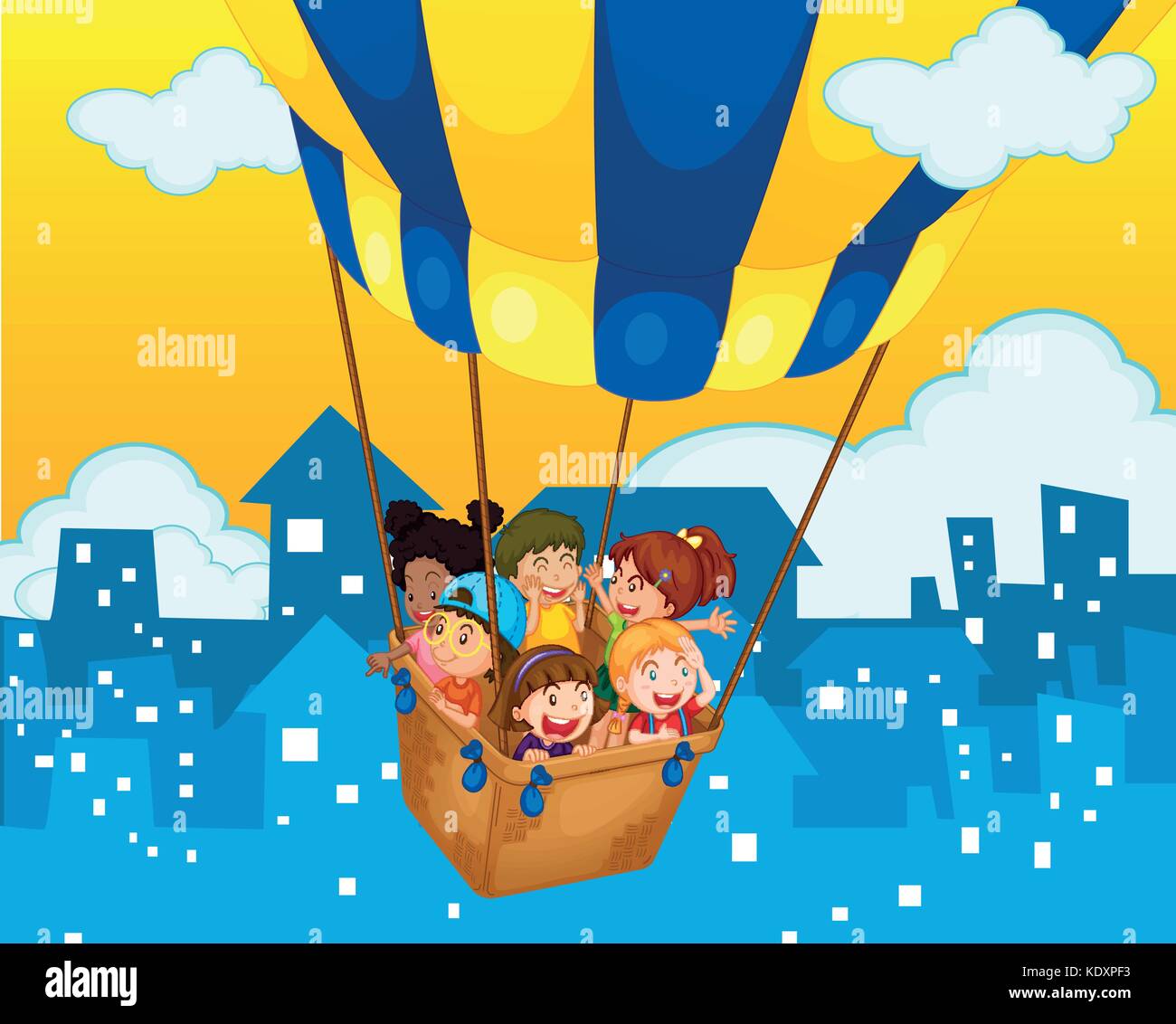 Children riding on balloon in the city illustration Stock Vector Image ...