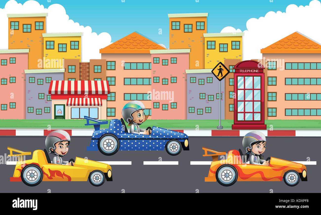 Three children driving racing cars on road illustration Stock Vector ...