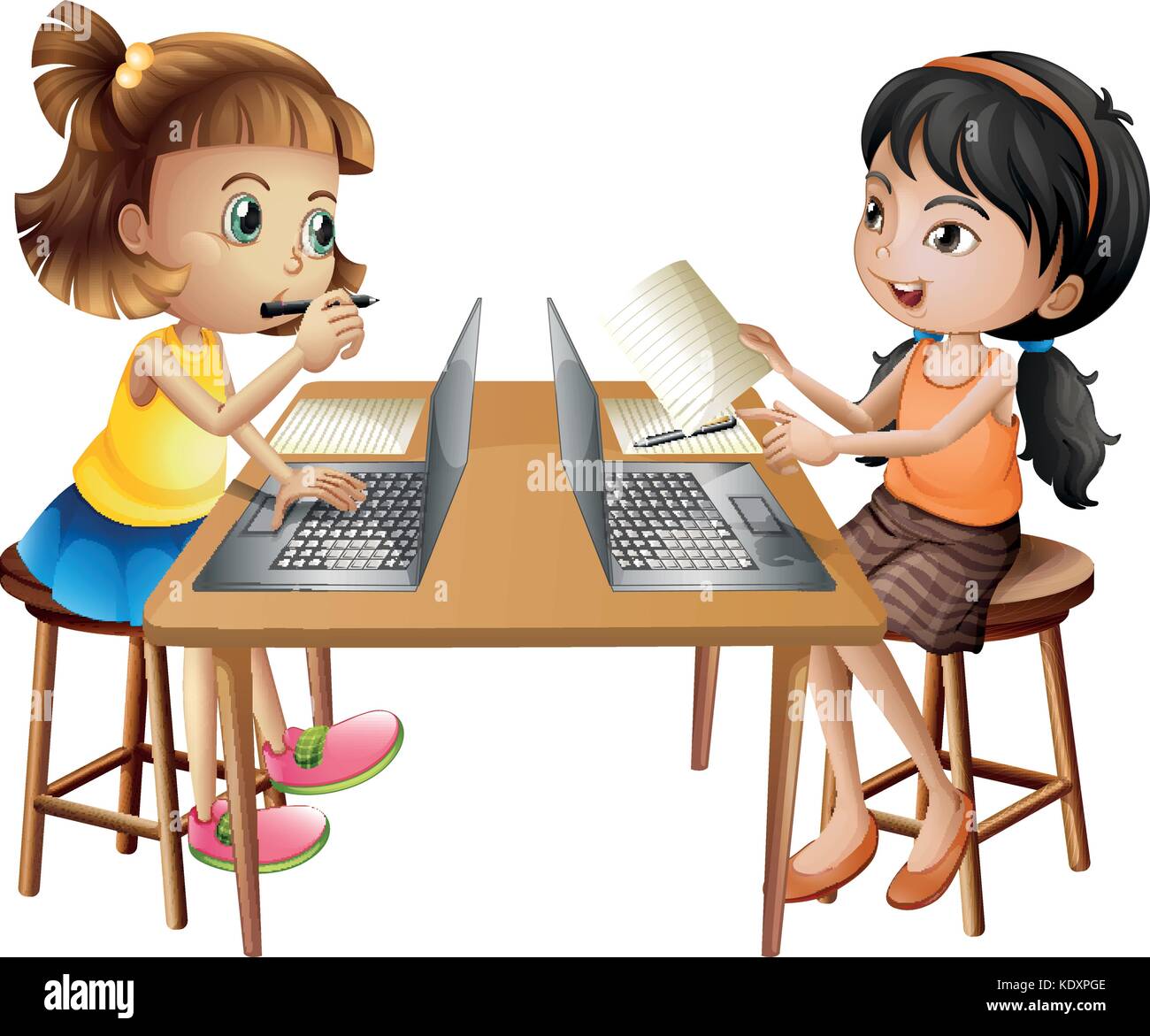Two girls working on computer illustration Stock Vector Image & Art - Alamy