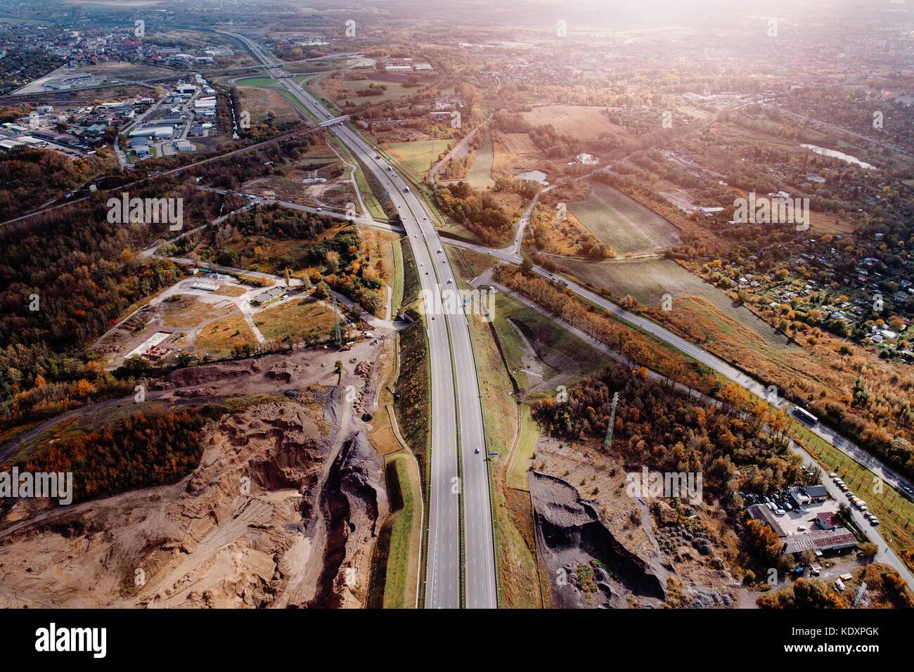 Aerial view of motorway at autumn. Bytom, Silesia, Poland Stock Photo ...