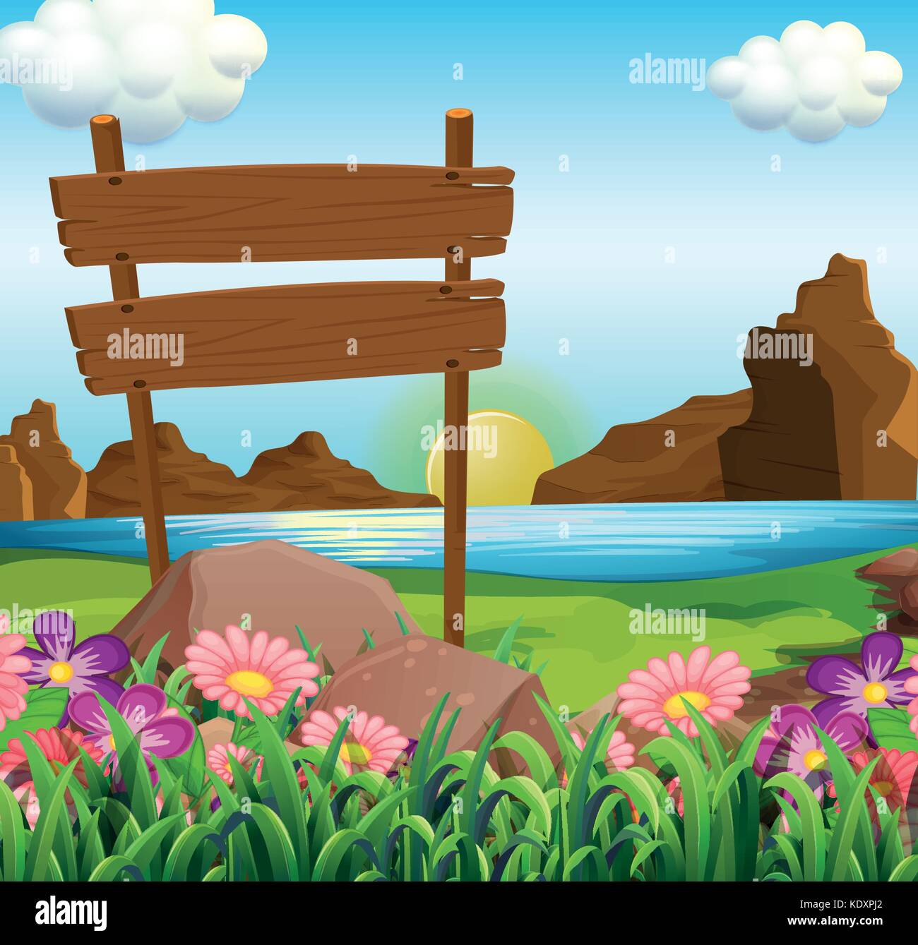 Scene with wooden signs by the lake illustration Stock Vector Image ...