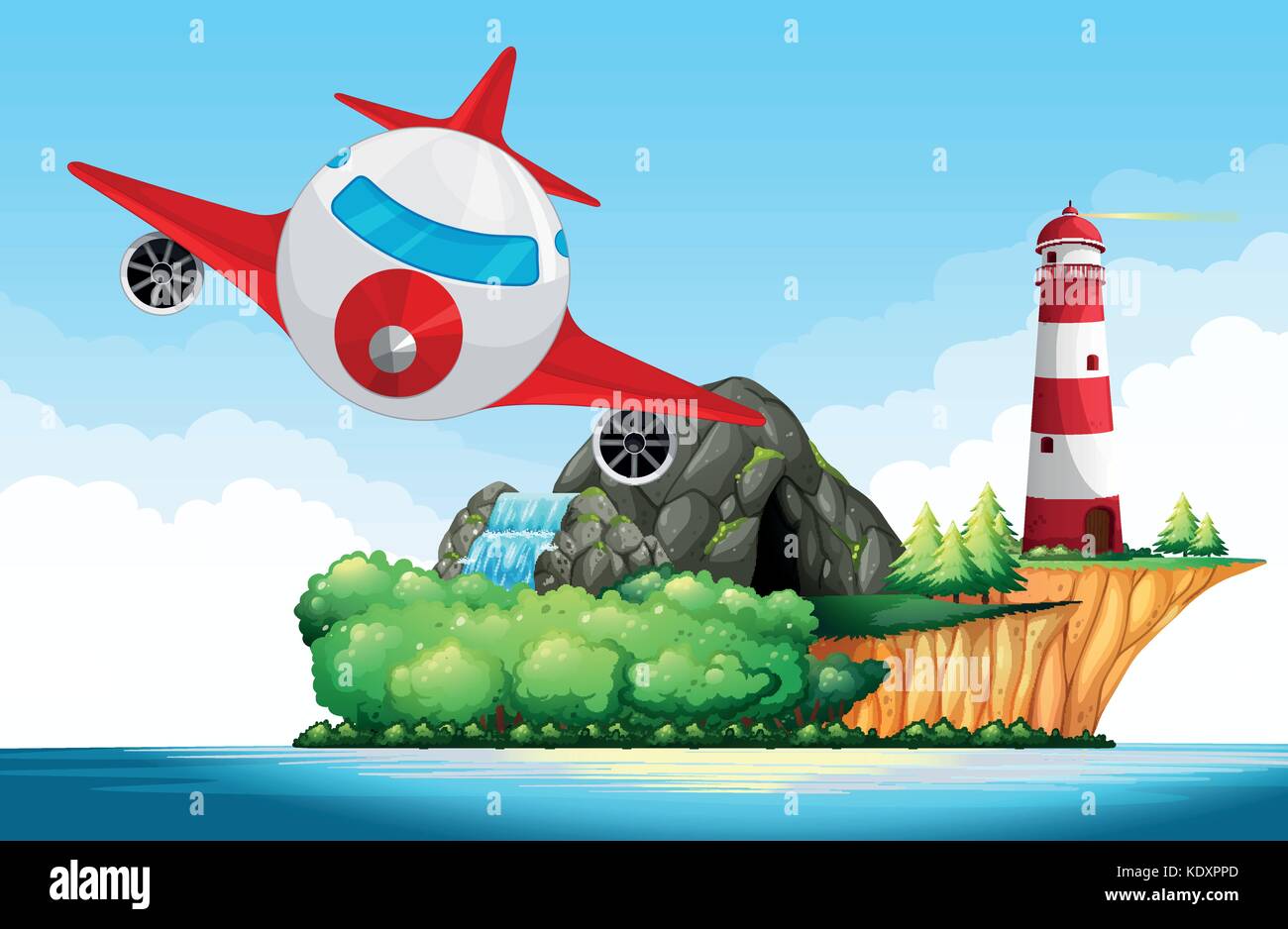 Airplane flying over the lighthouse illustration Stock Vector Image ...