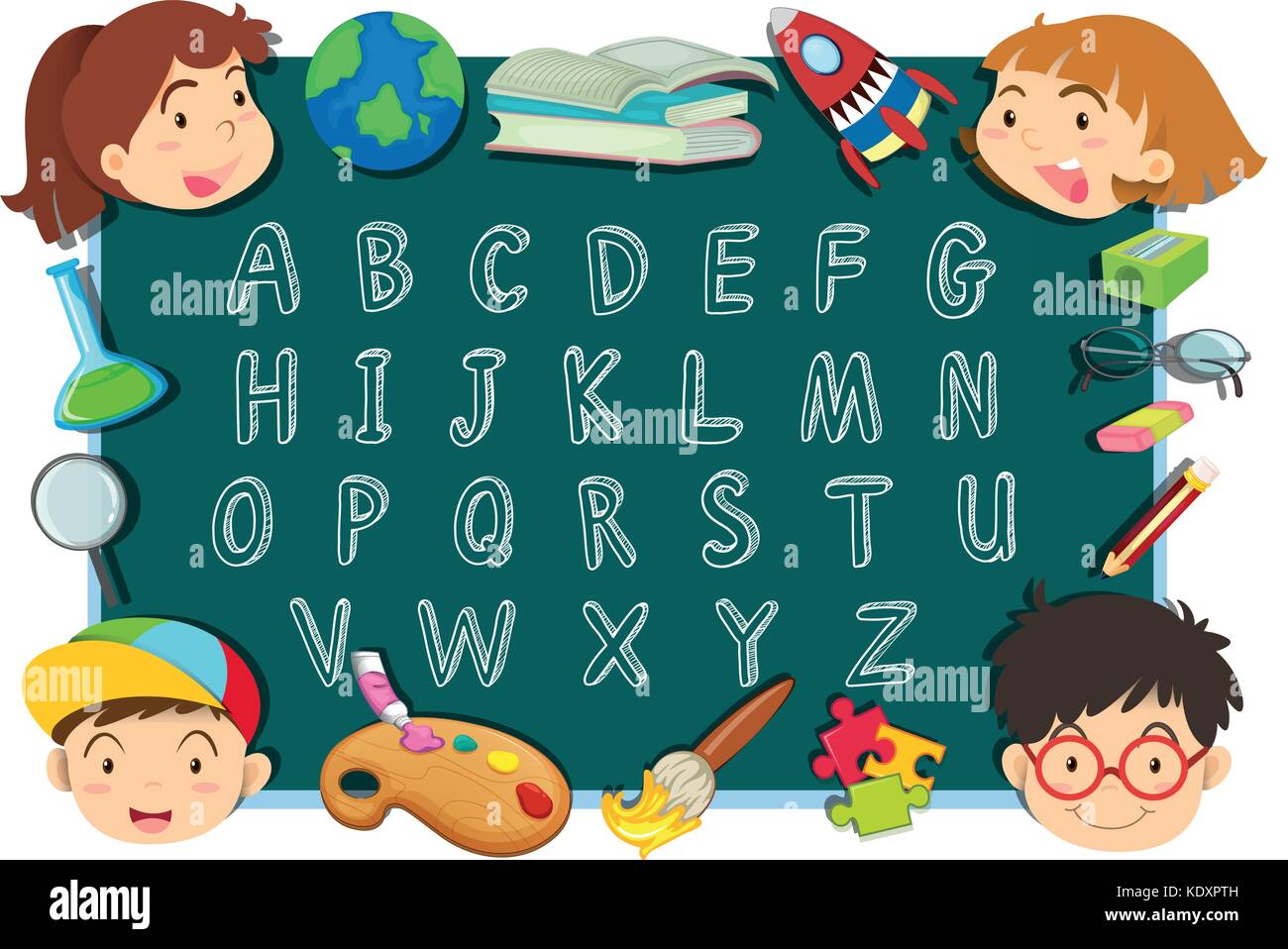 Alphabet font design with kids and stationeries illustration Stock ...