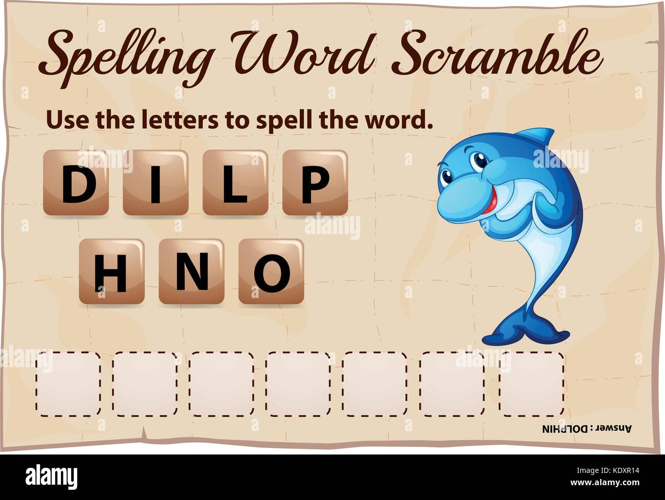 Spelling word scrable game with word dolphin illustration Stock Vector ...