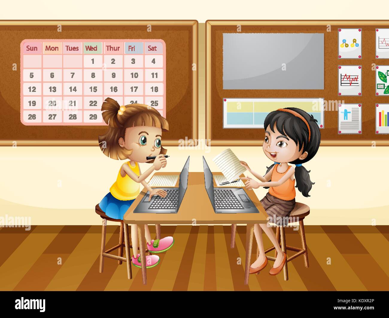 Two girls working on computer in classroom illustration Stock Vector ...