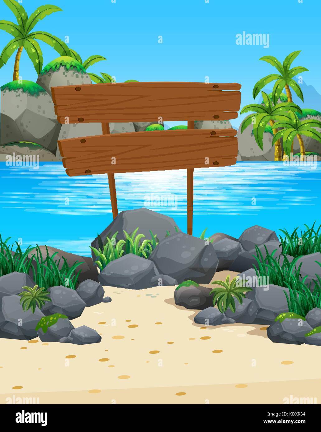 Ocean scene with wooden sign on the beach illustration Stock Vector ...