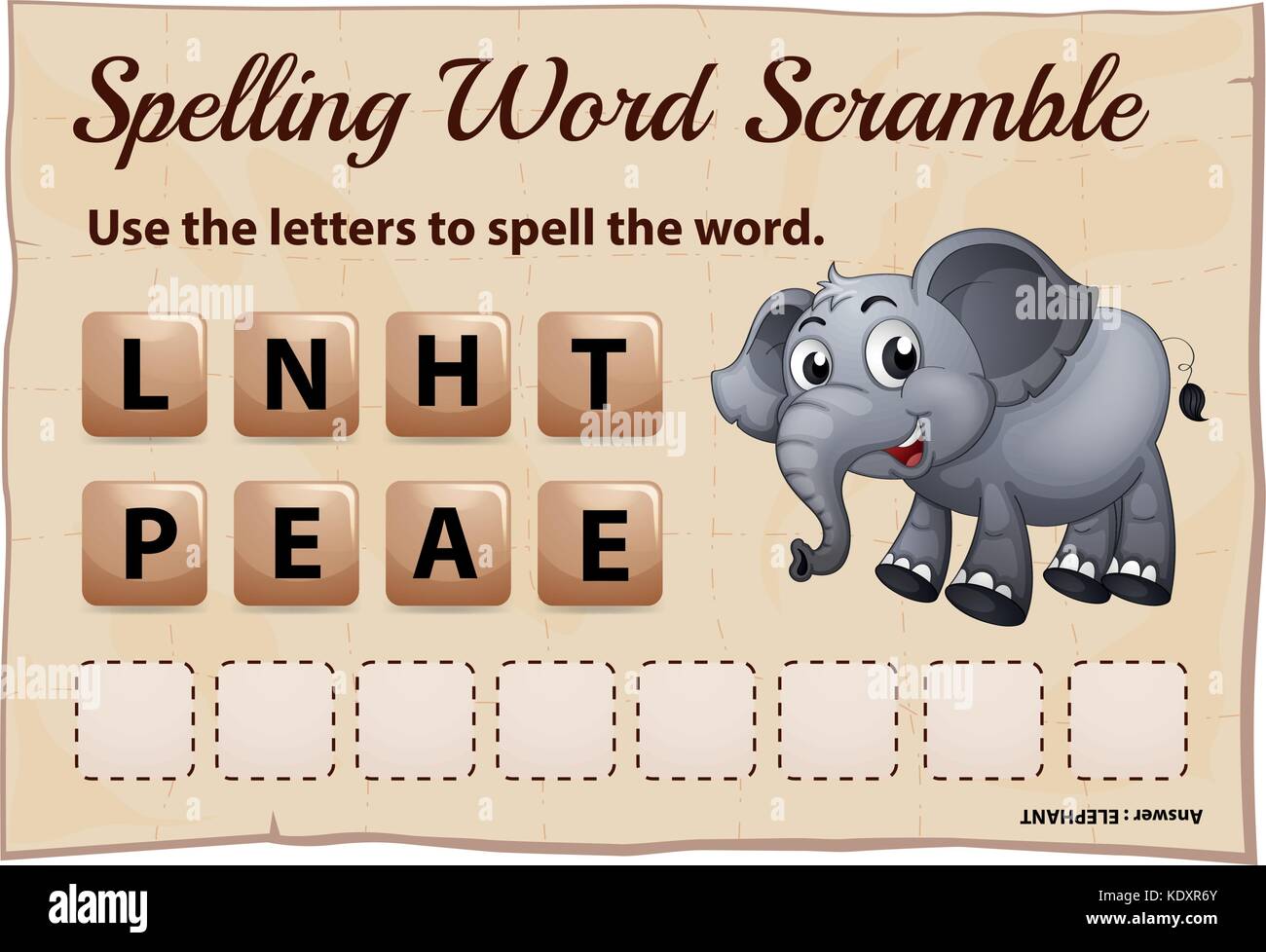Spelling word scrable game with word elephant illustration Stock Vector ...