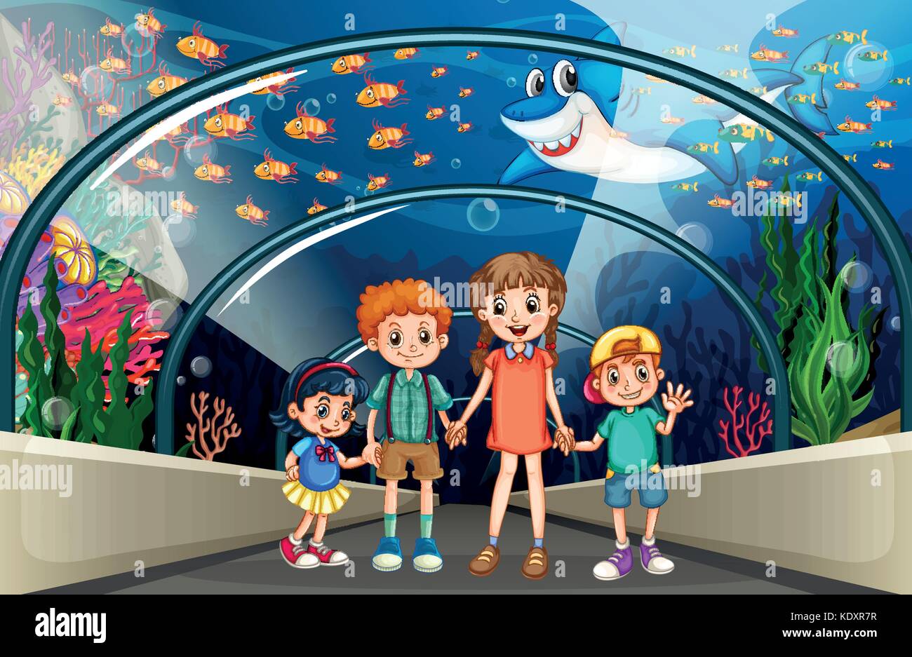 Children visiting aquarium full of fish illustration Stock Vector Image ...