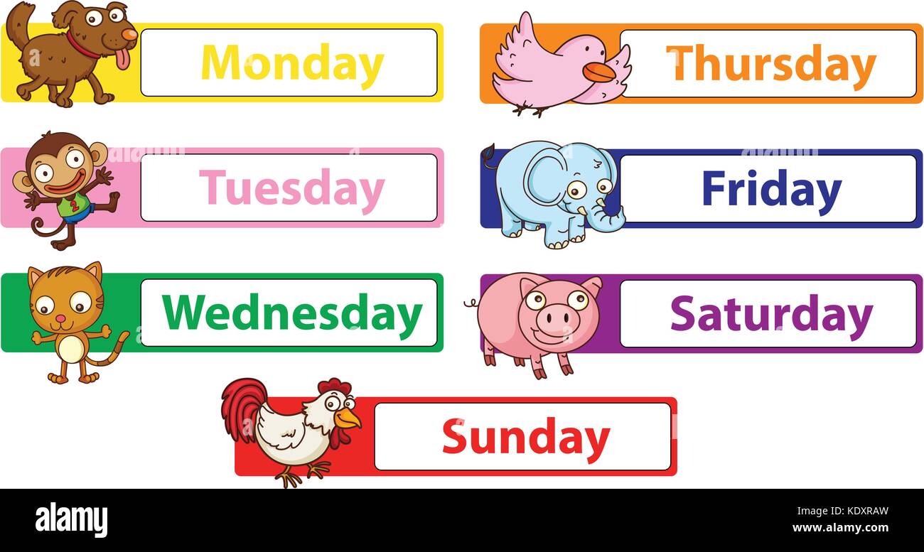Days of the week with animals on the signs illustration Stock Vector ...