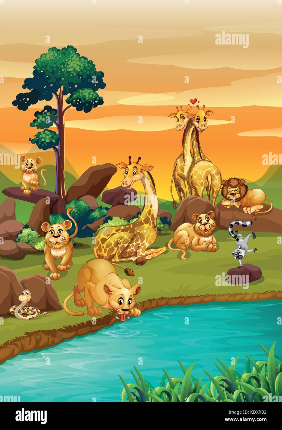River scene with many wild animals illustration Stock Vector Image ...