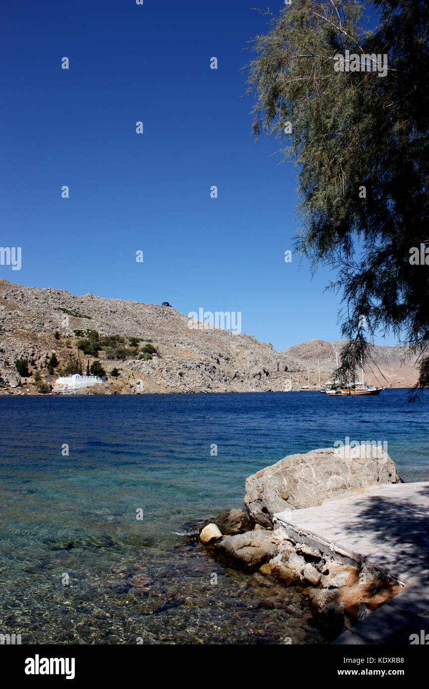 Views of the deep-blue sea near Emborio on Symi, Dodecanese Islands ...
