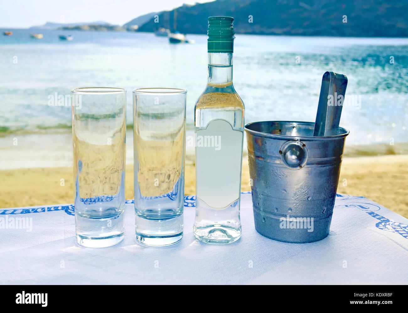 greek ouzo at a tavern in front of the sea - Cyclades Greece Stock ...