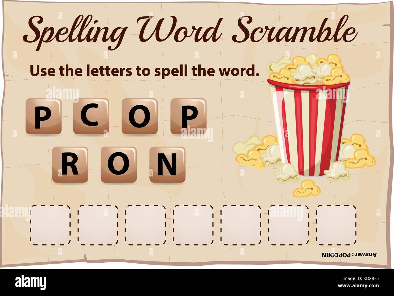 Spelling word scramble template for word popcorn illustration Stock ...