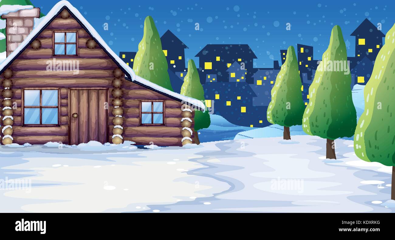 Wooden cabin in the snow field illustration Stock Vector Image & Art ...