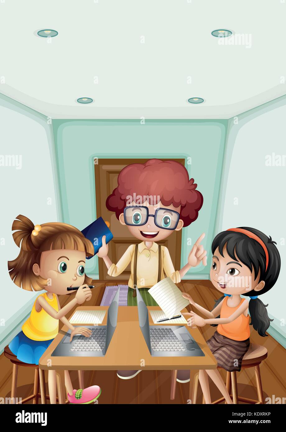 Children working on computer in the room illustration Stock Vector ...