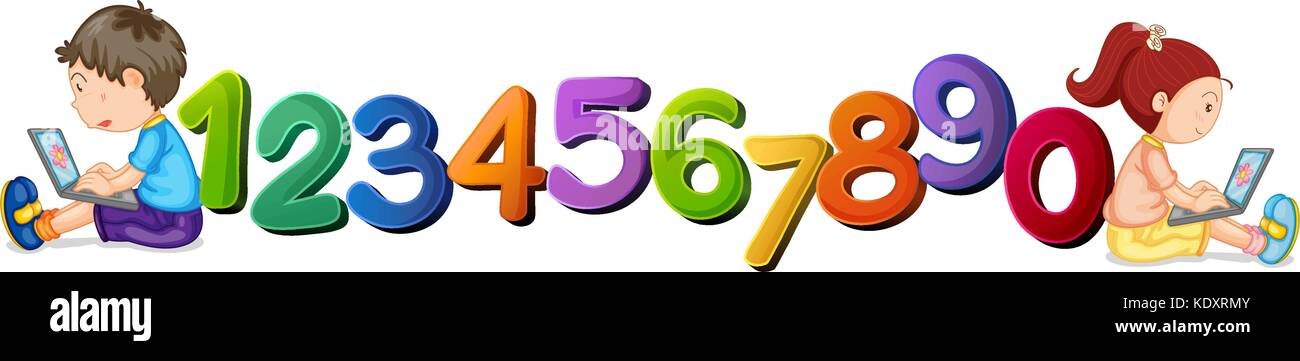 Numbers and children working on computer illustration Stock Vector ...