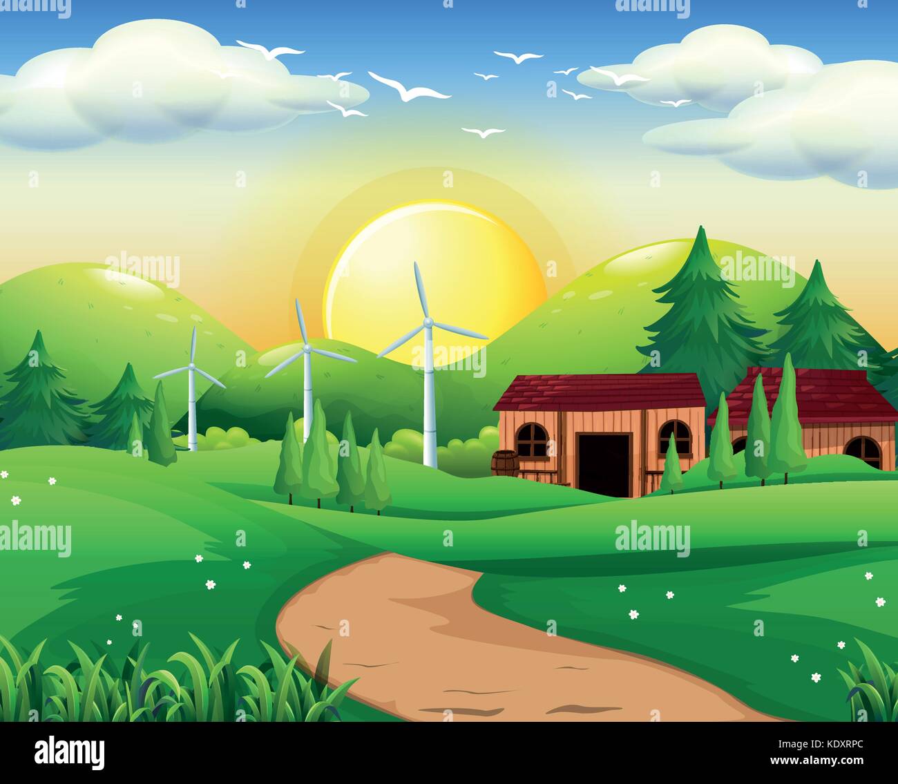 Scene with house and windmills illustration Stock Vector Image & Art ...