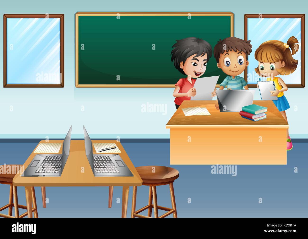 Three kids working on computer in class illustration Stock Vector Image ...
