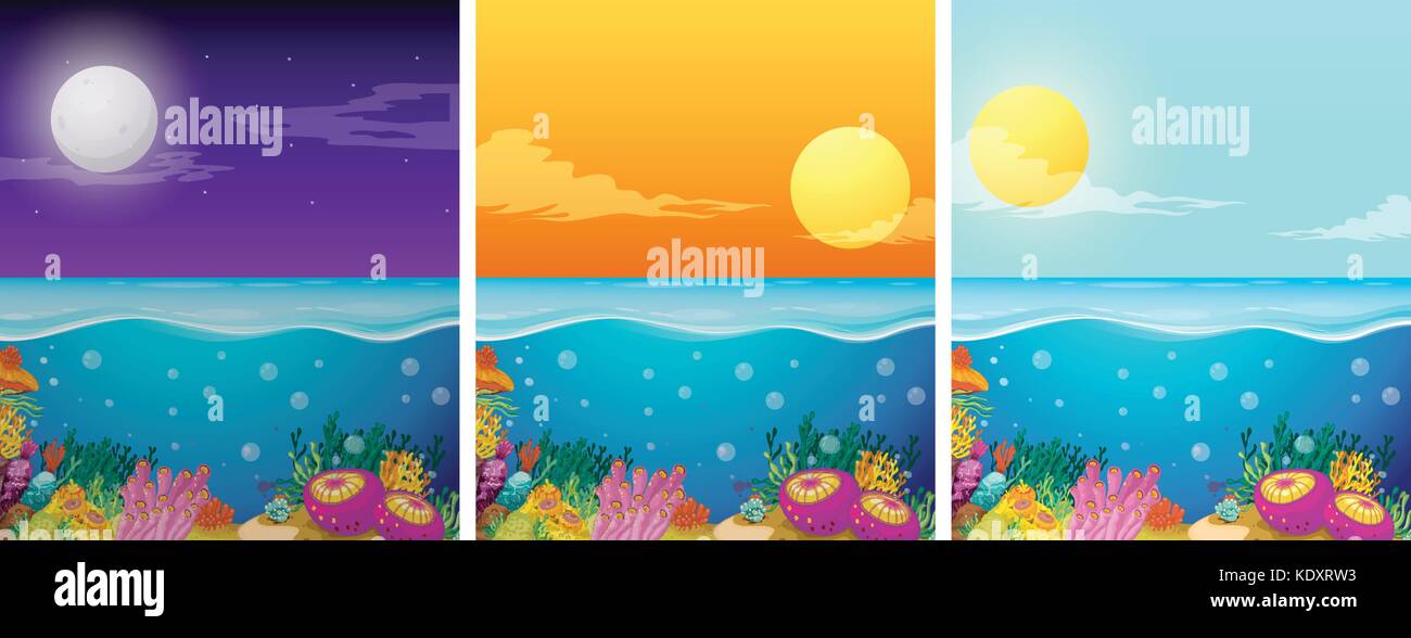 Ocean scenes with different times of the day illustration Stock Vector ...