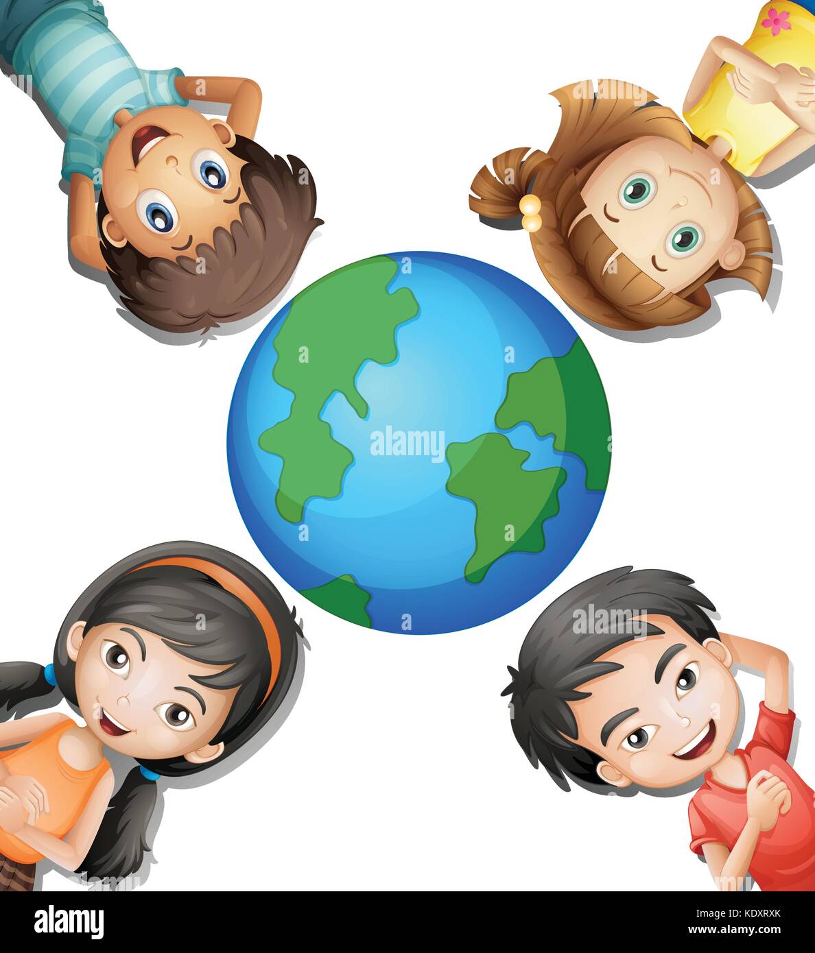Four happy kids and round earth illustration Stock Vector Image & Art ...