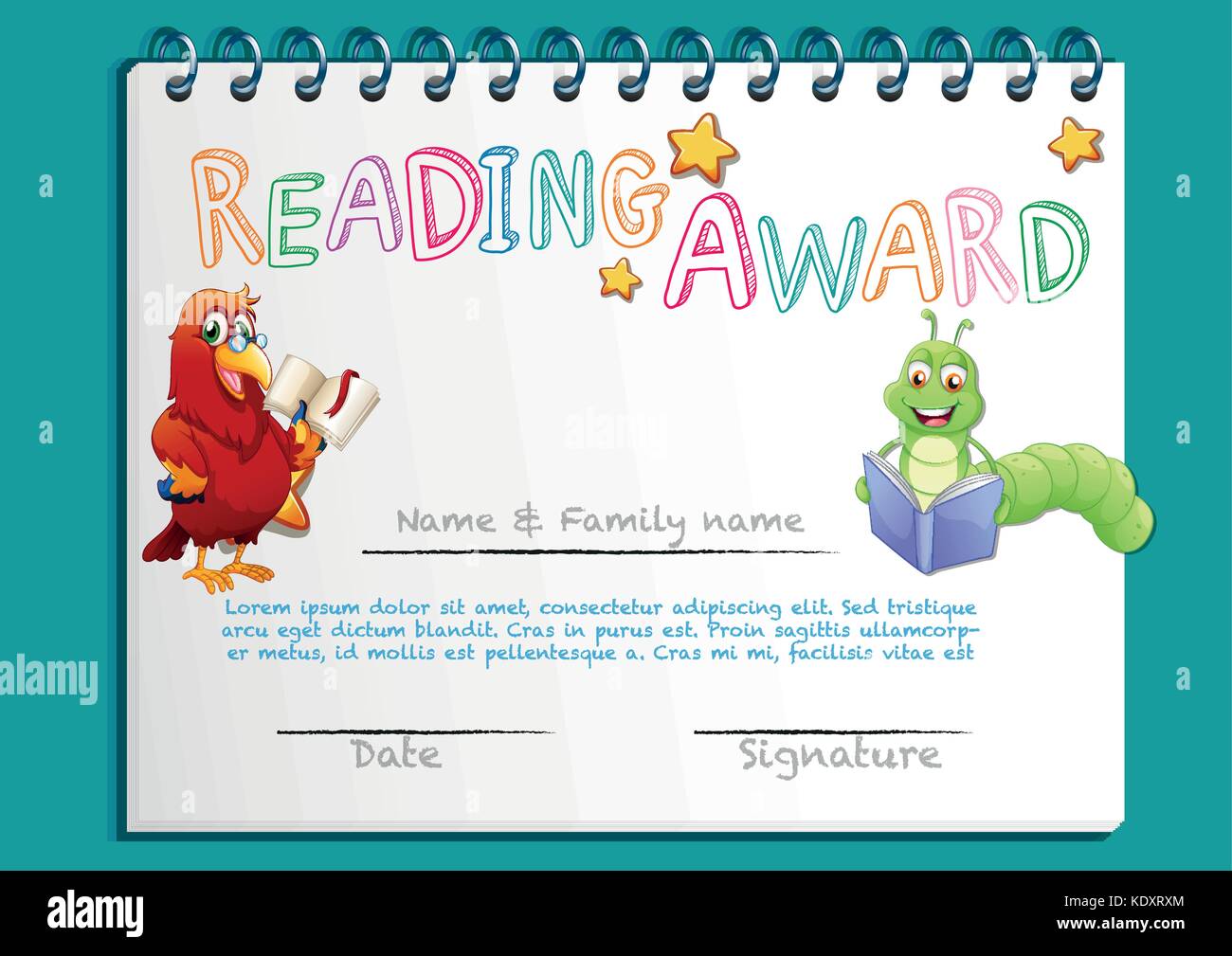 Reading award certificate template with bird reading book illustration ...
