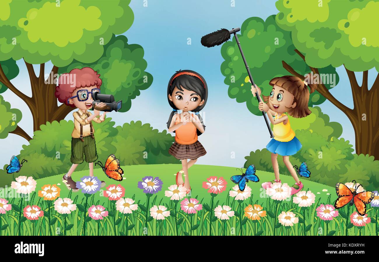 Children filming video in the park illustration Stock Vector Image ...