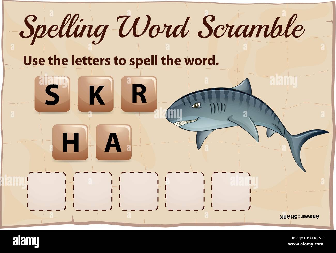 Spelling word scramble game with word shark illustration Stock Vector ...