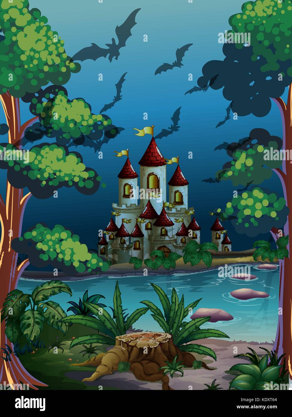 Scene with castle at night illustration Stock Vector Image & Art - Alamy