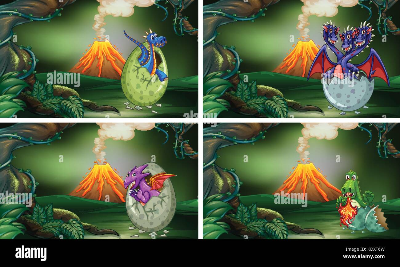 Four dragons hatching eggs in forest illustration Stock Vector Image ...