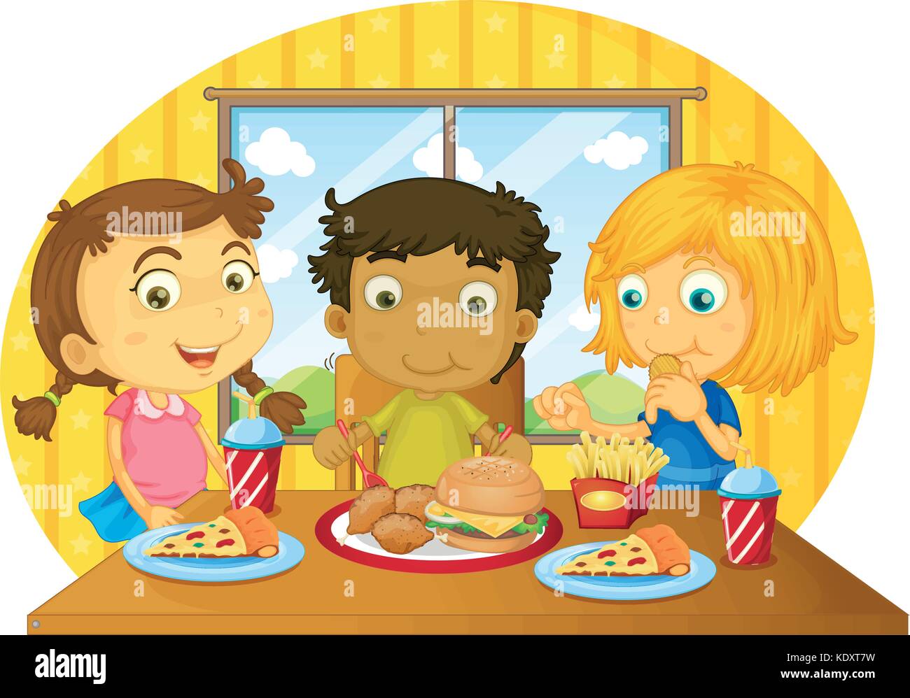 Three kids having meal on table illustration Stock Vector Image & Art ...