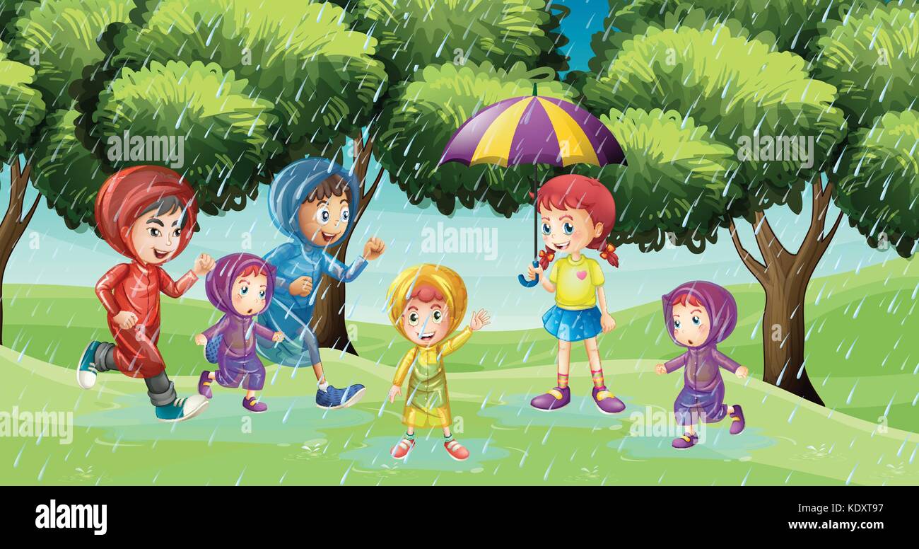 Park scene with children running in the rain illustration Stock Vector ...