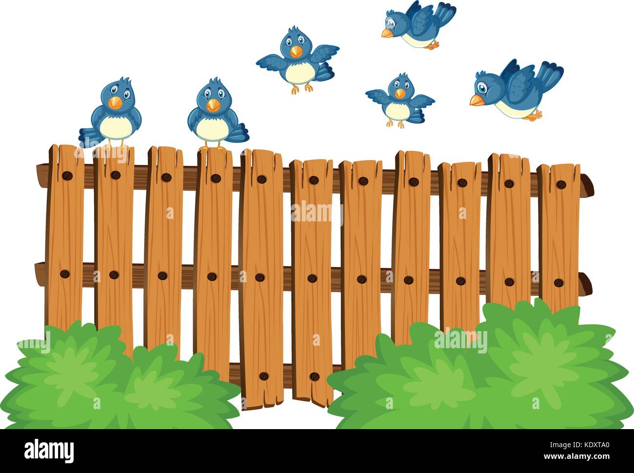 Blue birds flying over wooden fence illustration Stock Vector Image ...