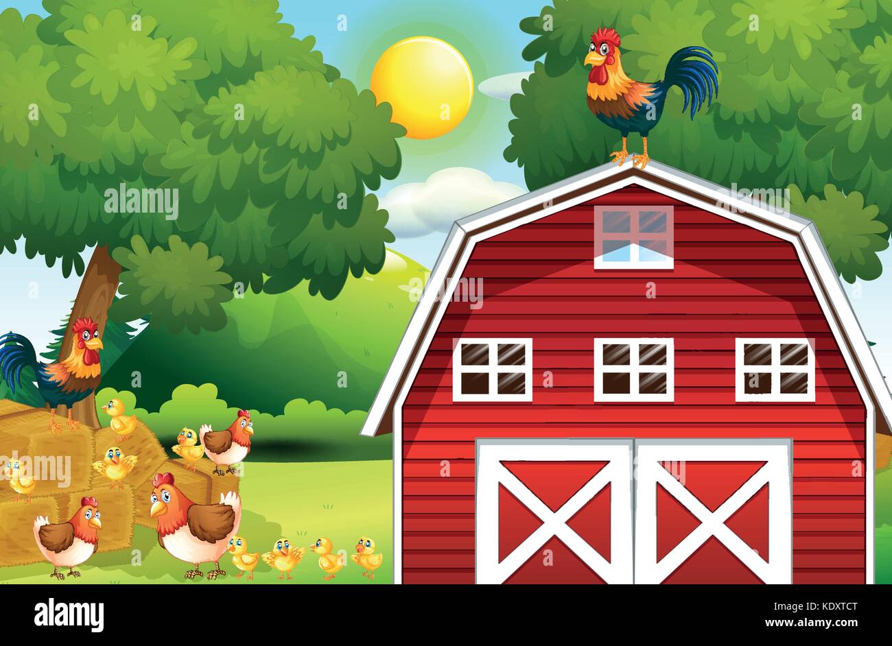 Farm scene with chickens on the barn illustration Stock Vector Image ...