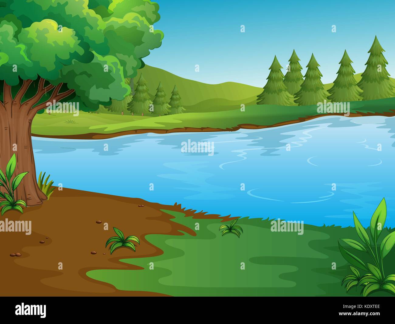 River scene with trees and hills illustration Stock Vector Image & Art ...