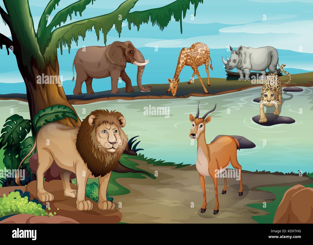 Many wild animals living by the pond illustration Stock Vector Image ...