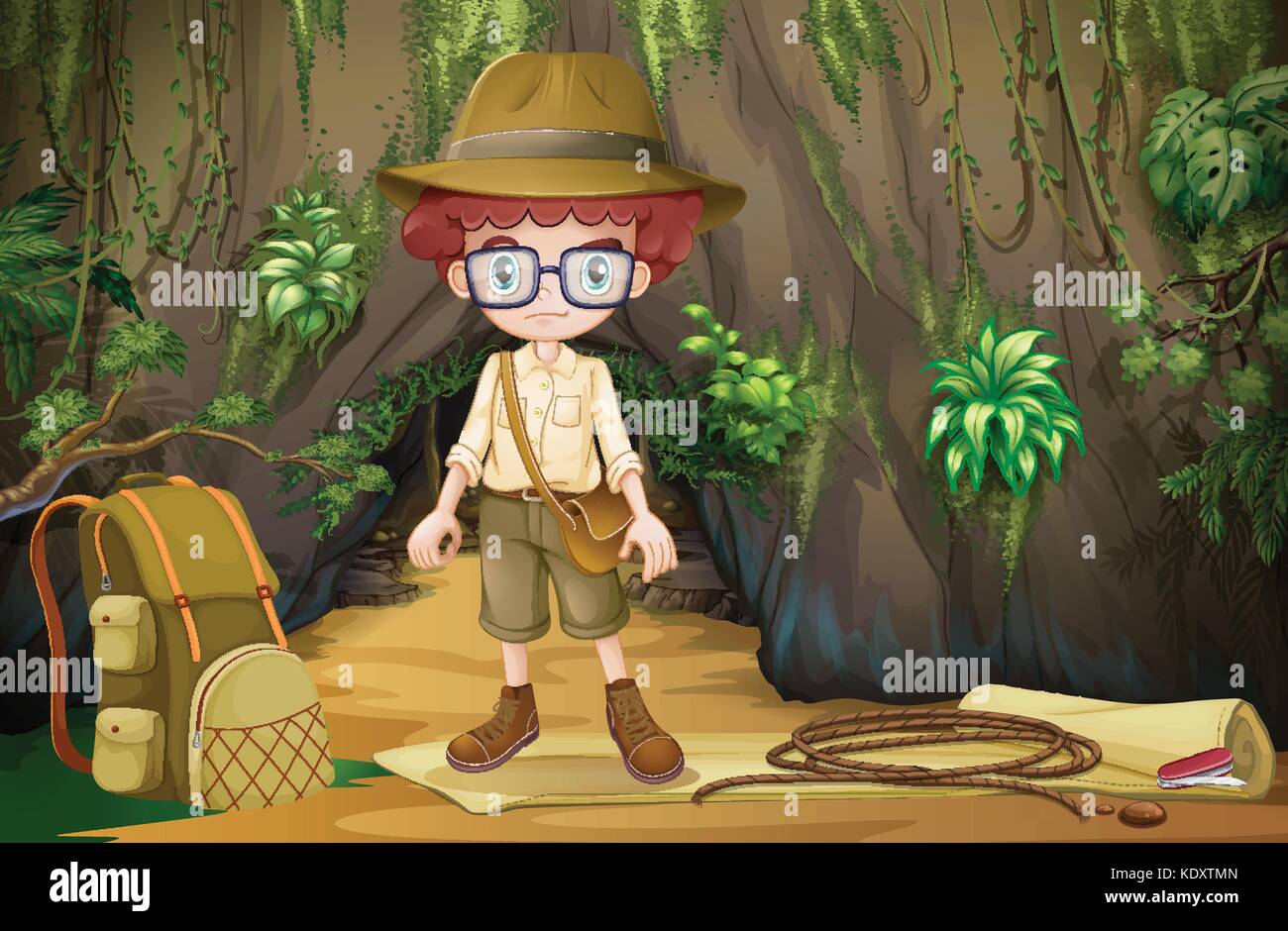 Boy camping out in the cave illustration Stock Vector Image & Art - Alamy