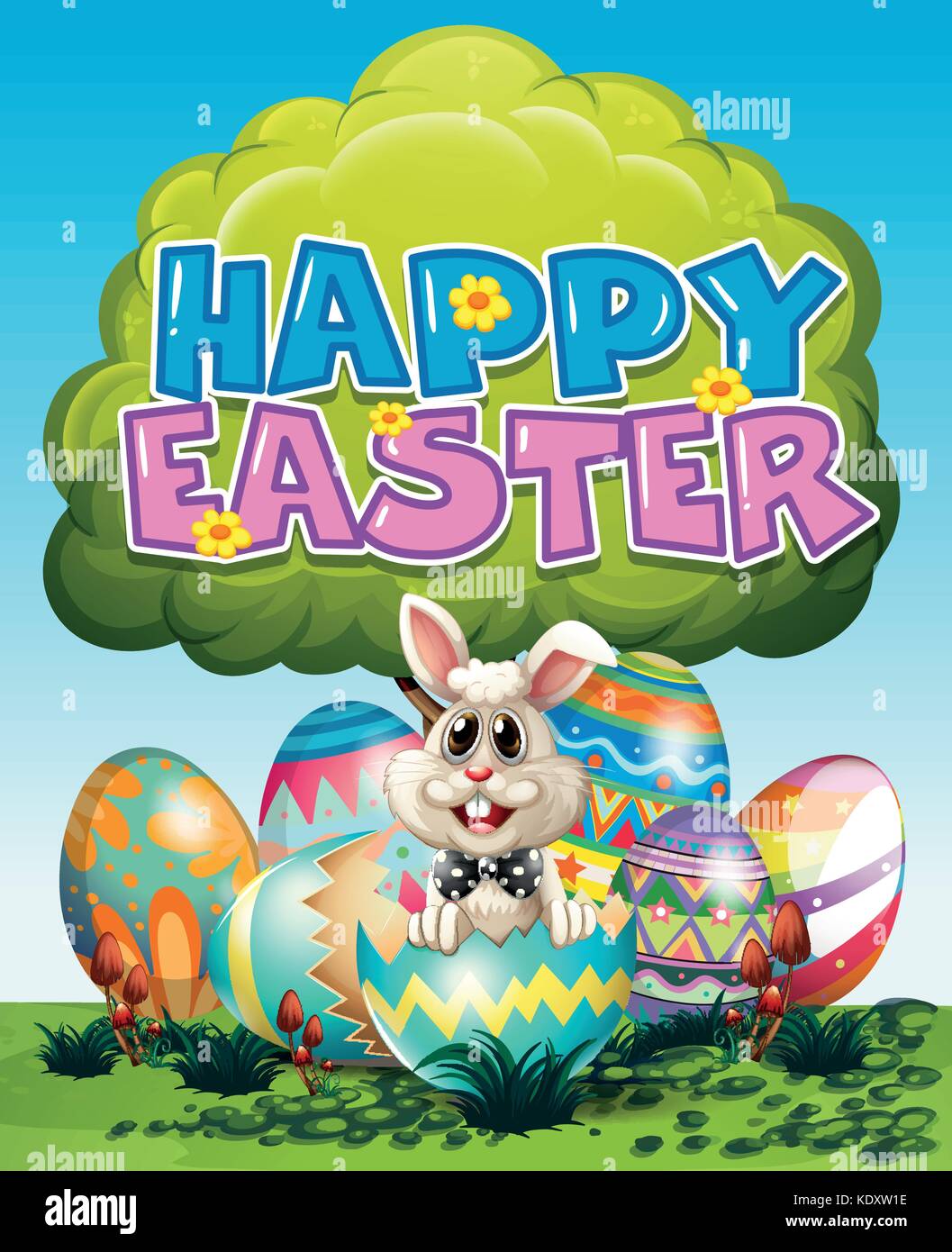 Happy Easter poster with bunny and eggs on grass illustration Stock ...