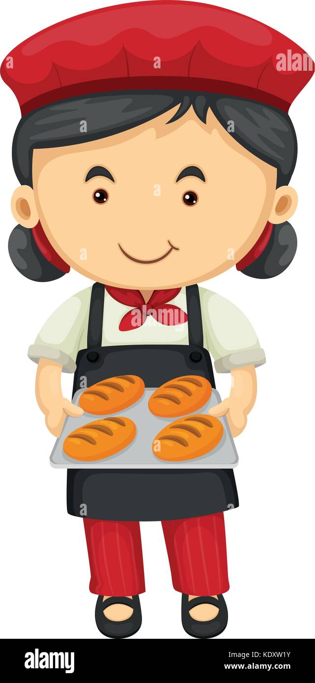 Female baker holding tray of bread illustration Stock Vector Image ...